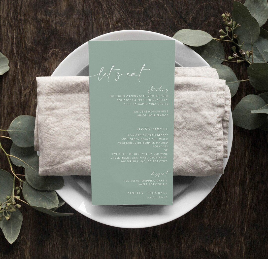 Eucalyptus Green Wedding Menu, Modern Greenery Editable Wedding Menu ...
