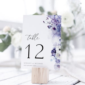 Purple Floral Wedding Table Numbers Template, Watercolor Floral Table ...