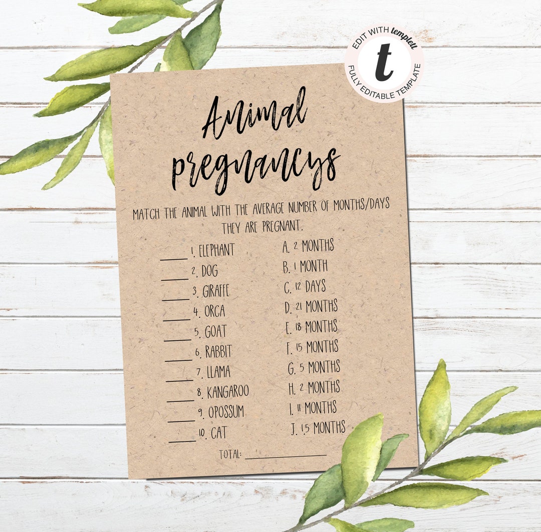 Animal Pregnancy Quiz Editable Template, Game, Kraft, Rustic, Instant ...