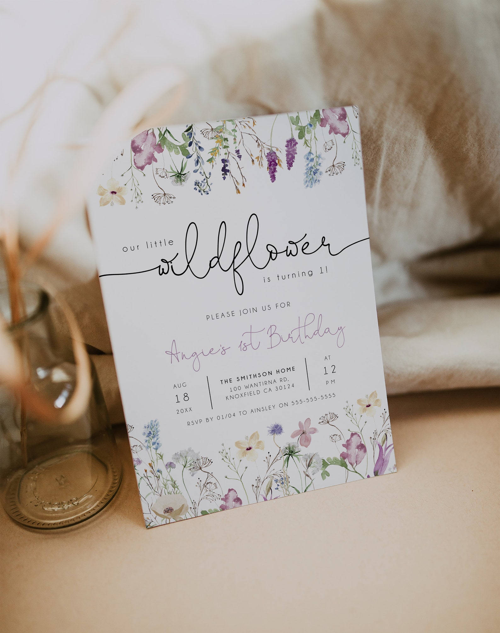 Girls First Birthday Invitation, Wildflower Birthday Invitation ...