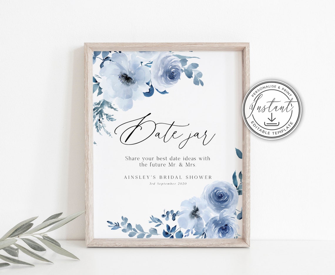 Dusty Blue Date Jar Sign Template Blue Floral Bridal Shower - Etsy
