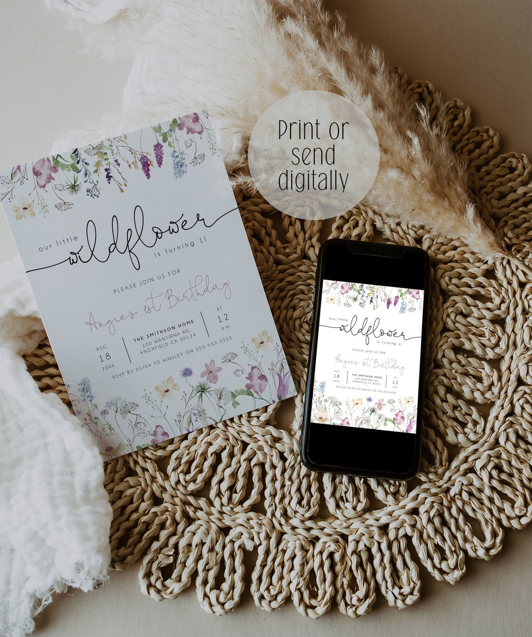 Girls First Birthday Invitation, Wildflower Birthday Invitation ...