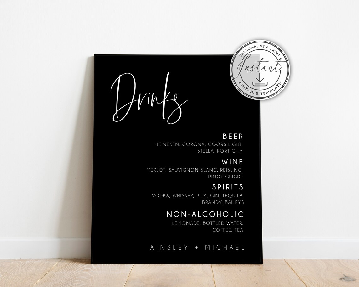 Black Modern Drinks Sign Editable Template, Bar Menu, Minimalist ...