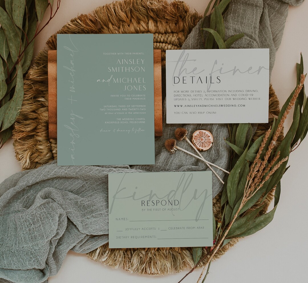 Minimalistic Green Wedding Invitation Suite, Modern Greenery Editable ...