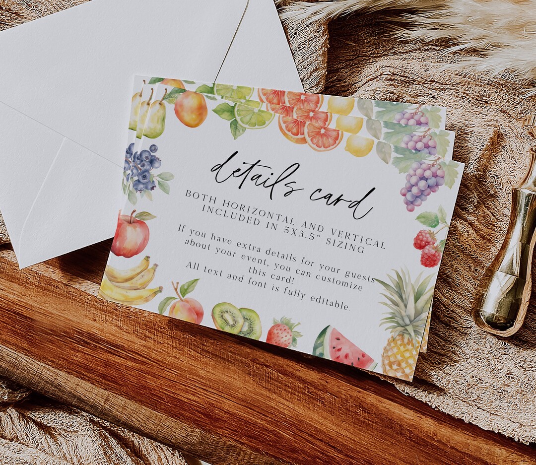 Fruit Editable Details Card, Fruit Themed Party Card Insert, Watercolor ...