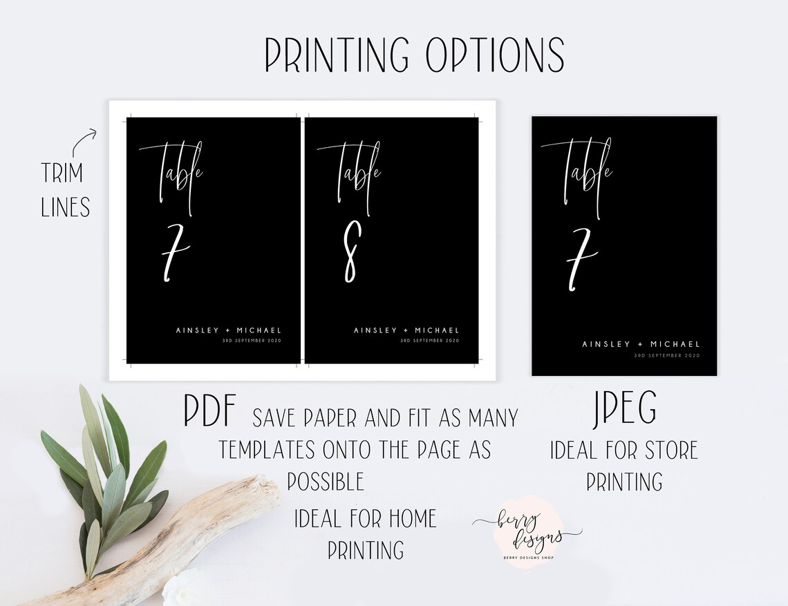 Black Modern Wedding Table Numbers Editable Template - Etsy