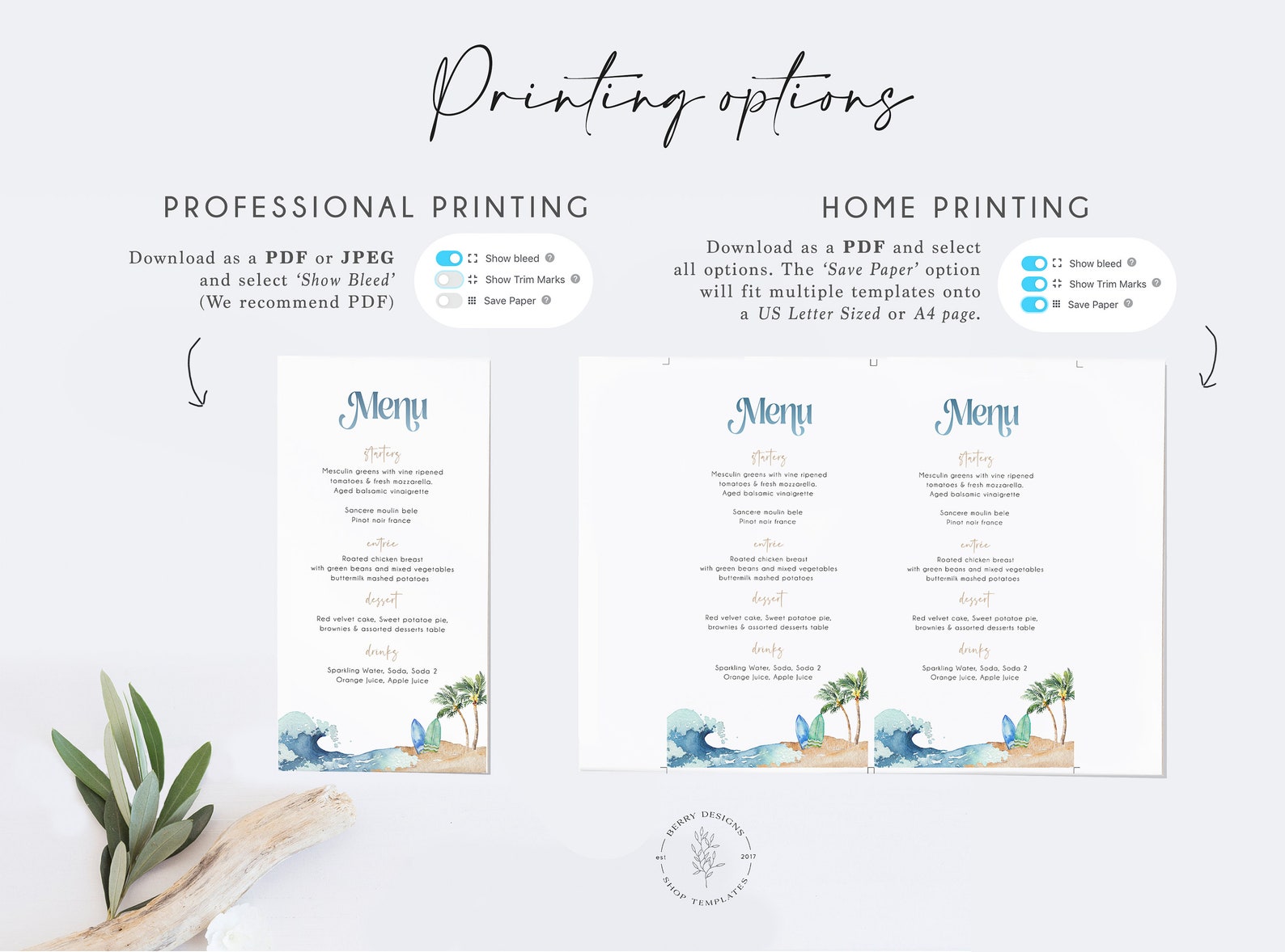 Ocean & Surf Menu Editable Template, Beach Baby Shower Menu Template ...