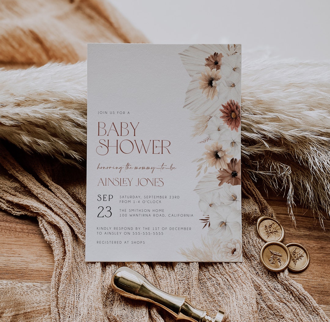 Boho Floral Baby Shower Invitation – Editable Beige & Terracotta ...
