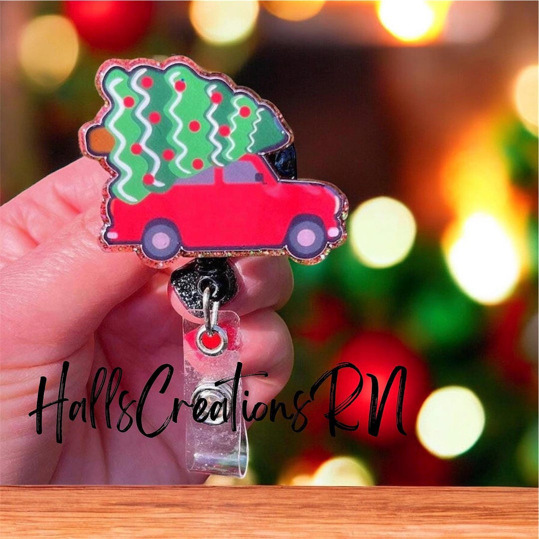 Vintage Christmas Tree Truck Retractable Badge Reel. Christmas Badge ...