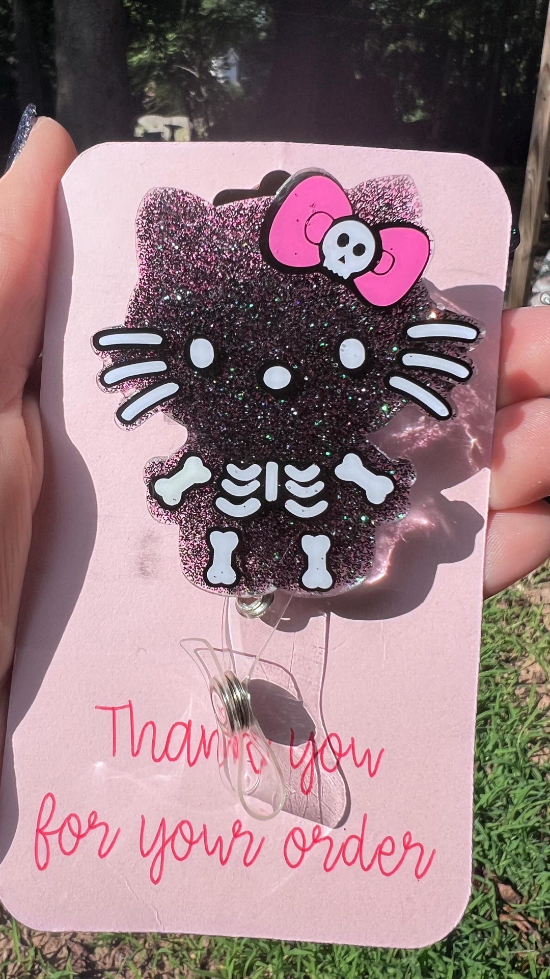 Hello Skeleton Kitty Glitter Badge Reel. Kitty, Id Holder, Retractable ...