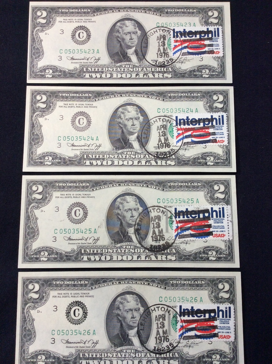 Authentic Set of Four Consecutive 1976 Two Dollar Bills With First Day ...