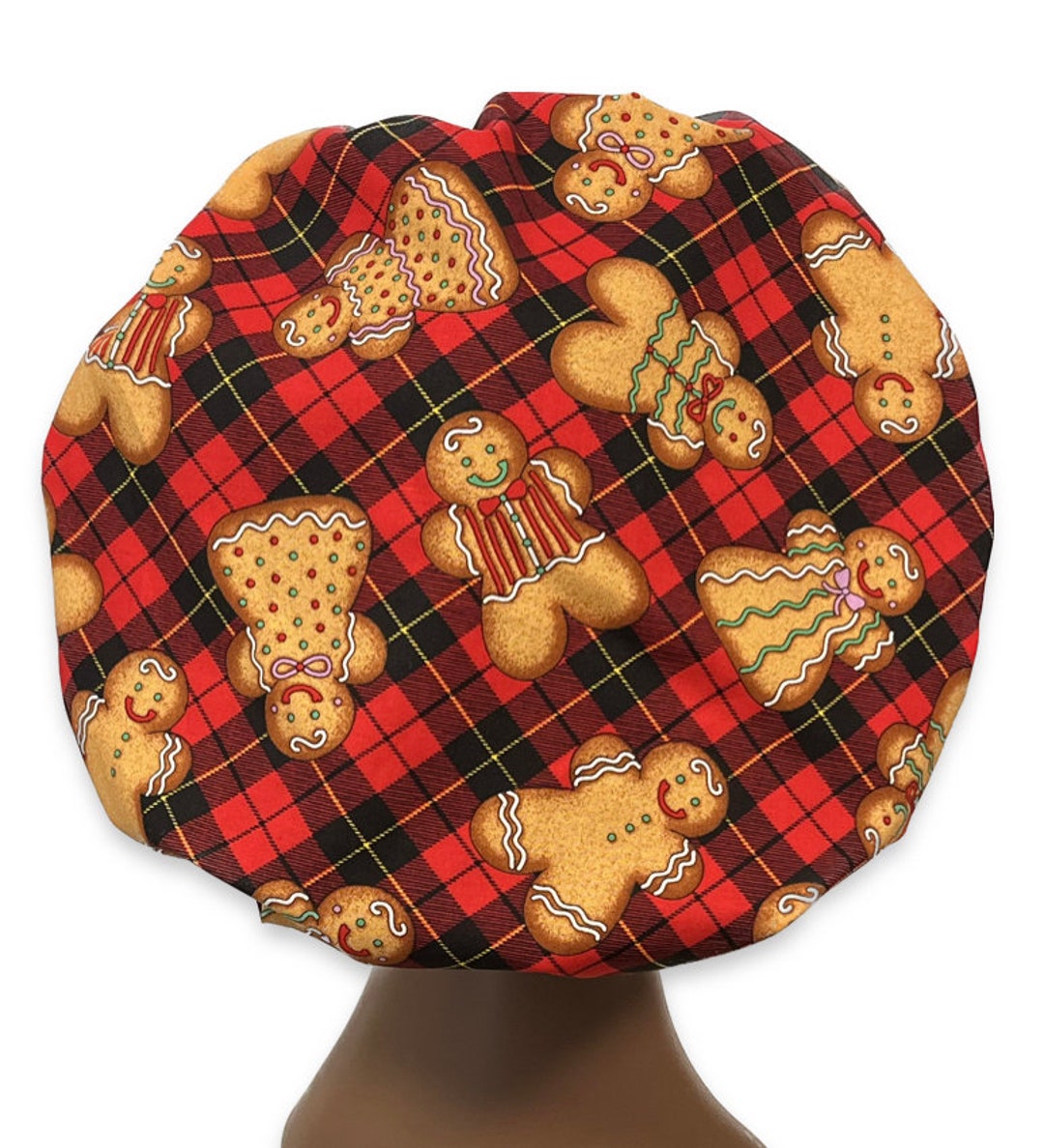 Gingerbread Men on Plaid, Holiday, Women’s Bouffant Christmas Scrub ...