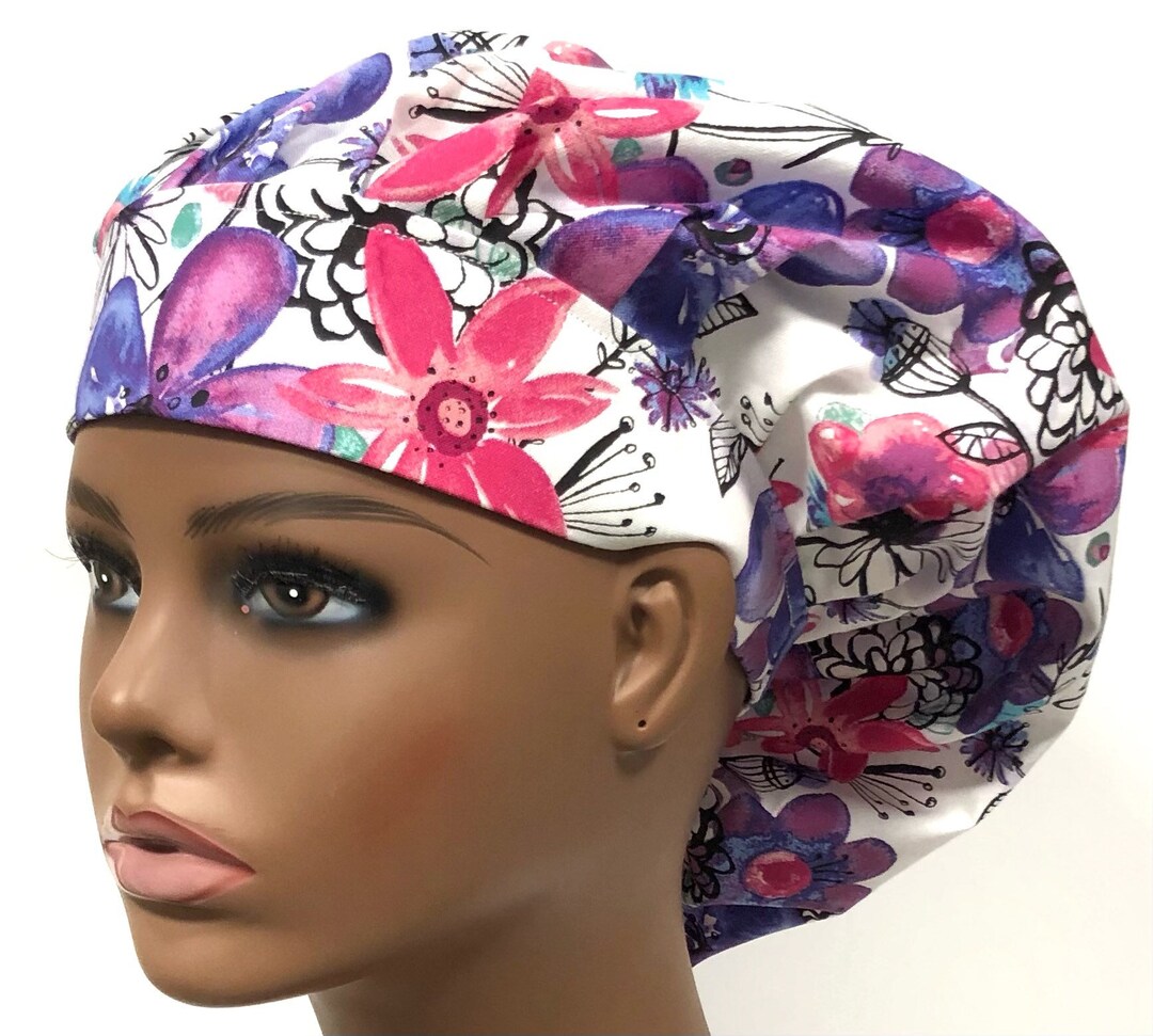 Purple and Pink Flowers, Floral, Womens Bouffant Scrub Cap, Scrub Hats ...