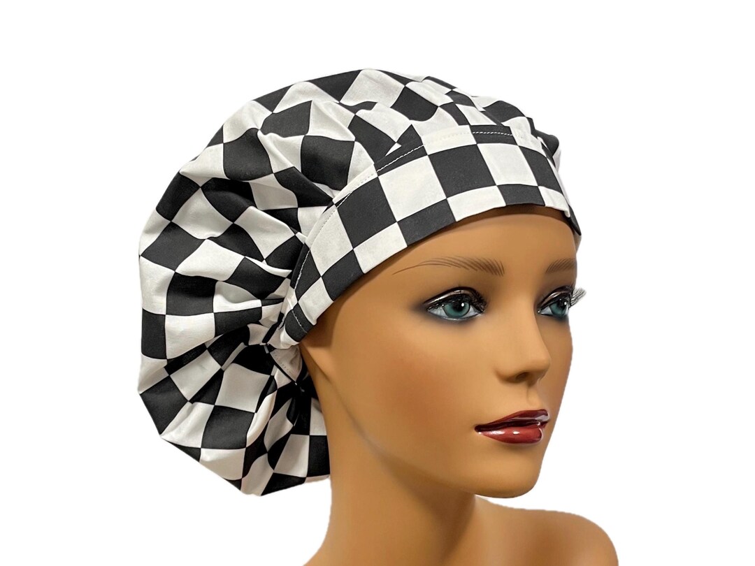 Black and White Checkers Bouffant Surgical Scrub Caps for Women, Scrub ...