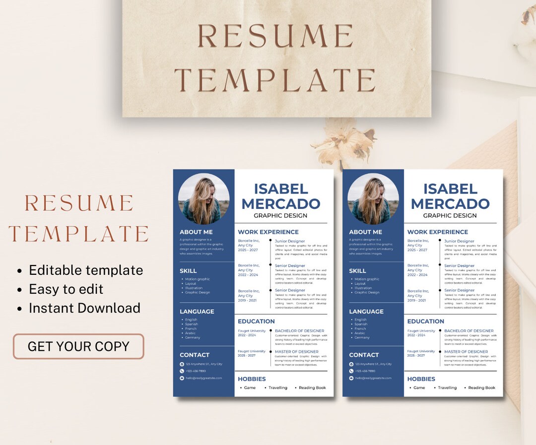 Modern Blue Navy Graphic Design Resume Template Professional CV Instant ...