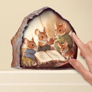Mouse Family of 4 Reading a Book Mouse Hole Sticker Library Decal ...