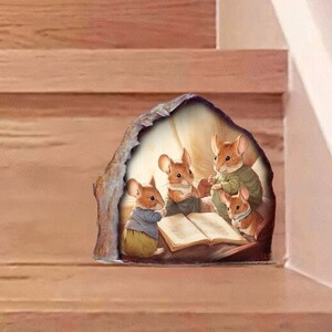 Mouse Family of 4 Reading a Book Mouse Hole Sticker Library Decal ...