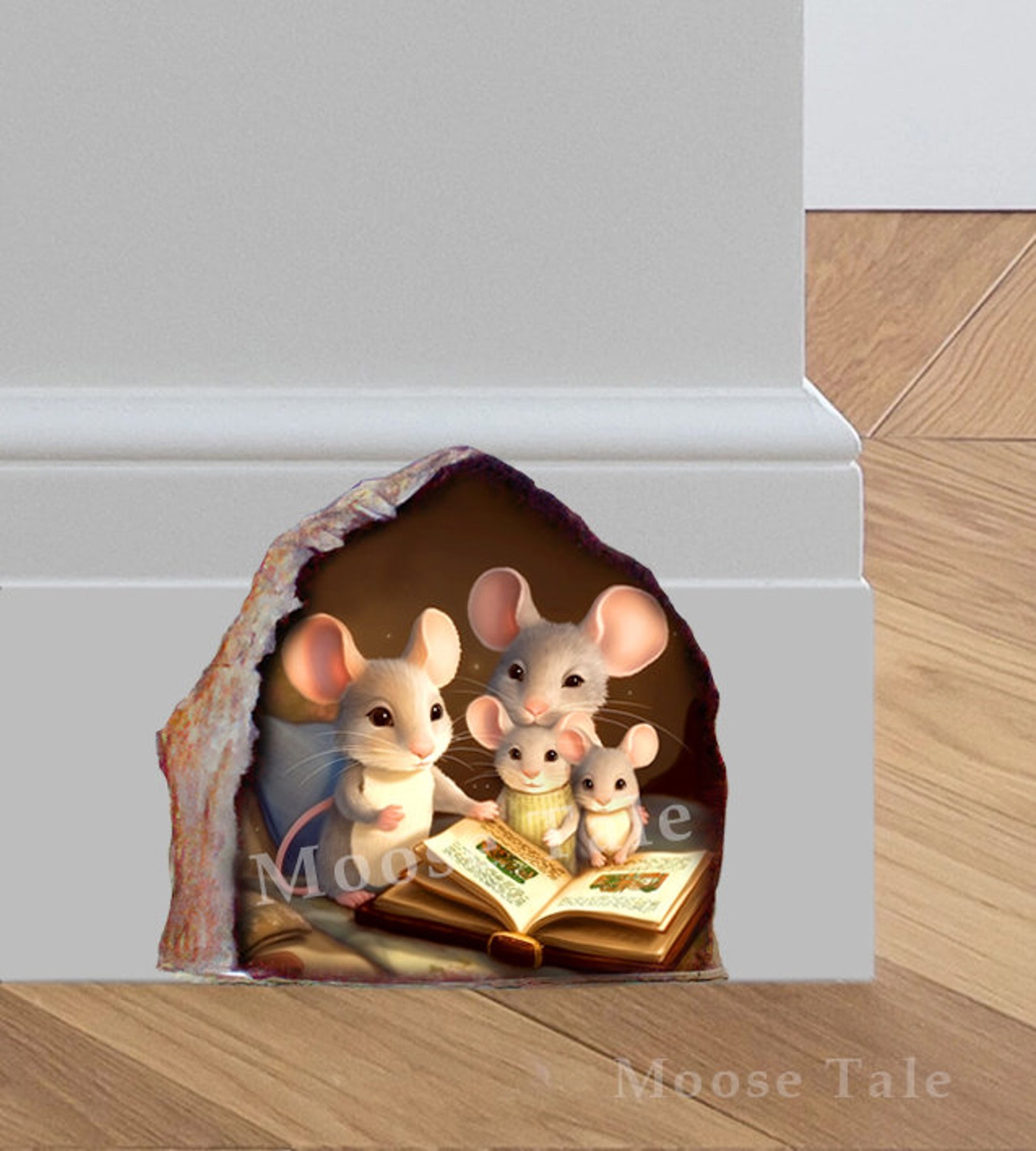 NEW Mouse Family of 4 Reading a Book Mouse Hole Sticker Library Decal ...