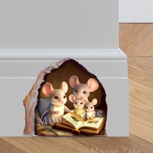 NEW Mouse Family of 4 Reading a Book Mouse Hole Sticker Library Decal ...