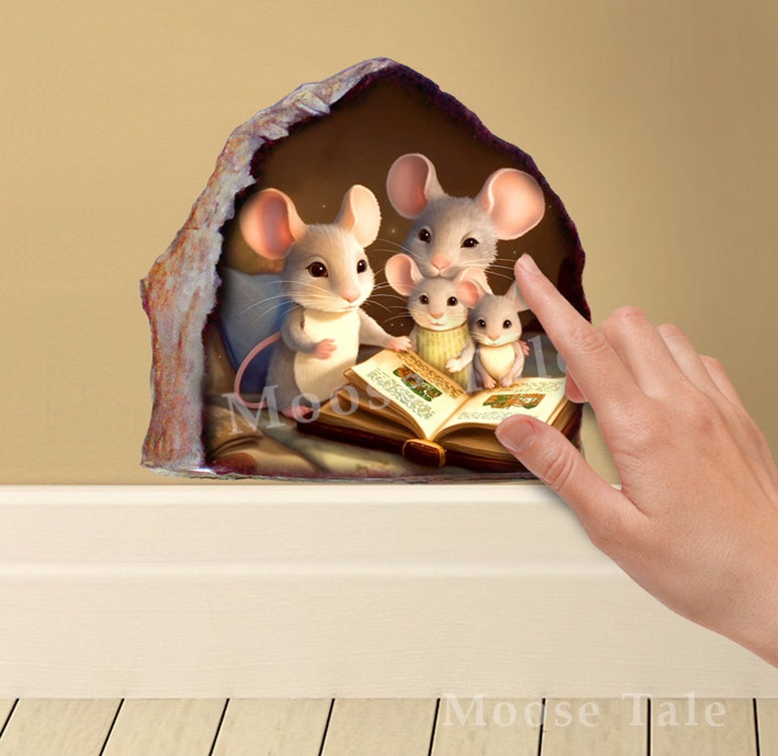 NEW Mouse Family of 4 Reading a Book Mouse Hole Sticker Library Decal ...
