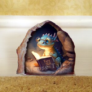 Cute Dragon Reading Book in Hole Dragon Decal Dragon With Book Sticker ...