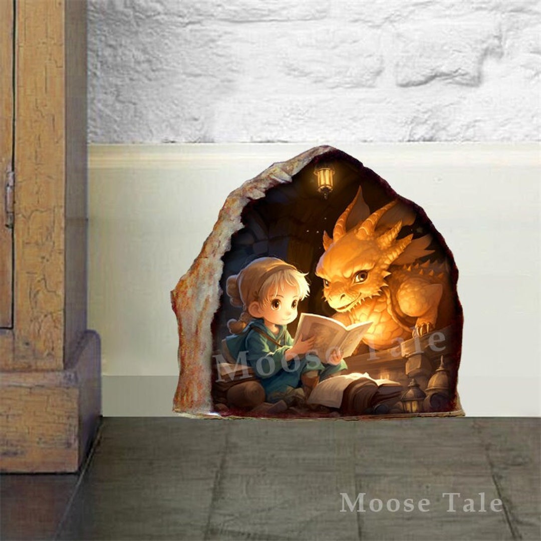 Little Dragon and Girl Reading Book of Fairy Tales Classroom Decal ...
