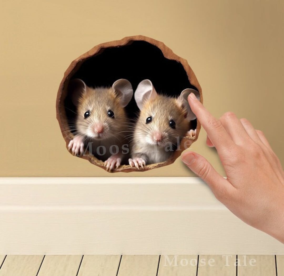 Realistic Mouse Sticker Two Mice Friends in Hole Wall Decal Buddies ...