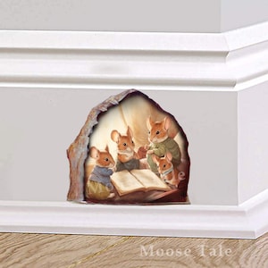 Mouse Family of 4 Reading a Book Mouse Hole Sticker Library Decal ...