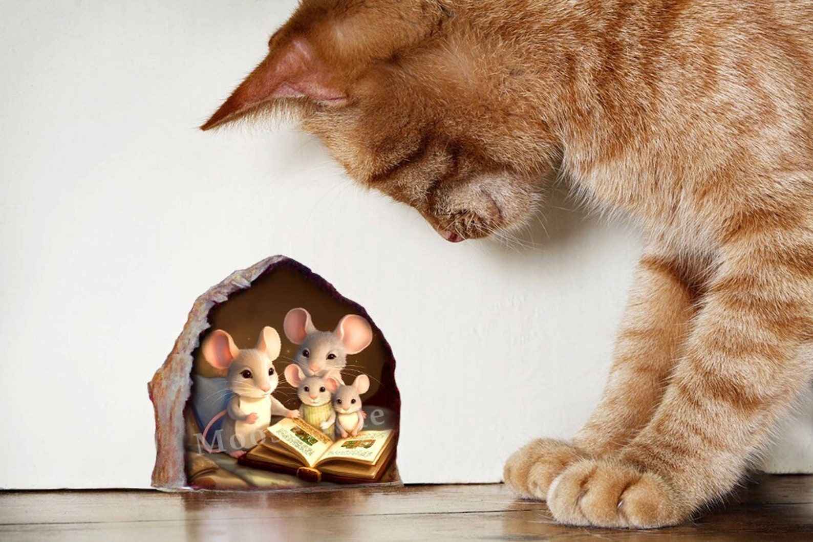 NEW Mouse Family of 4 Reading a Book Mouse Hole Sticker Library Decal ...