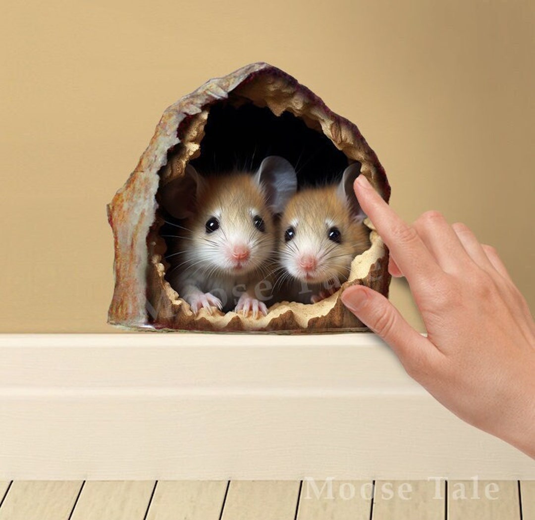 Realistic Mouse Sticker Two Mice Friends in Hole Wall Decal Buddies ...