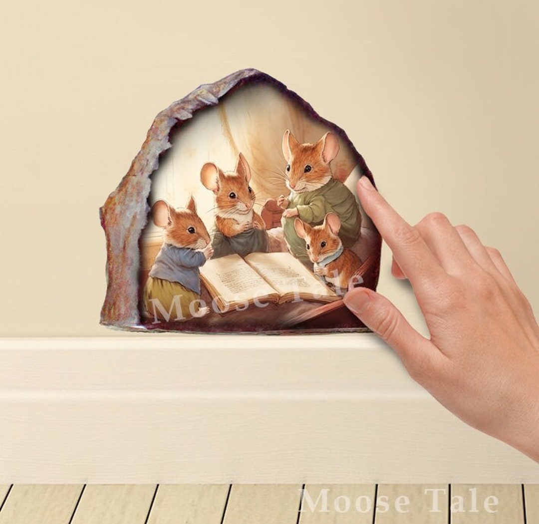 Mouse Family of 4 Reading a Book Mouse Hole Sticker Library Decal ...