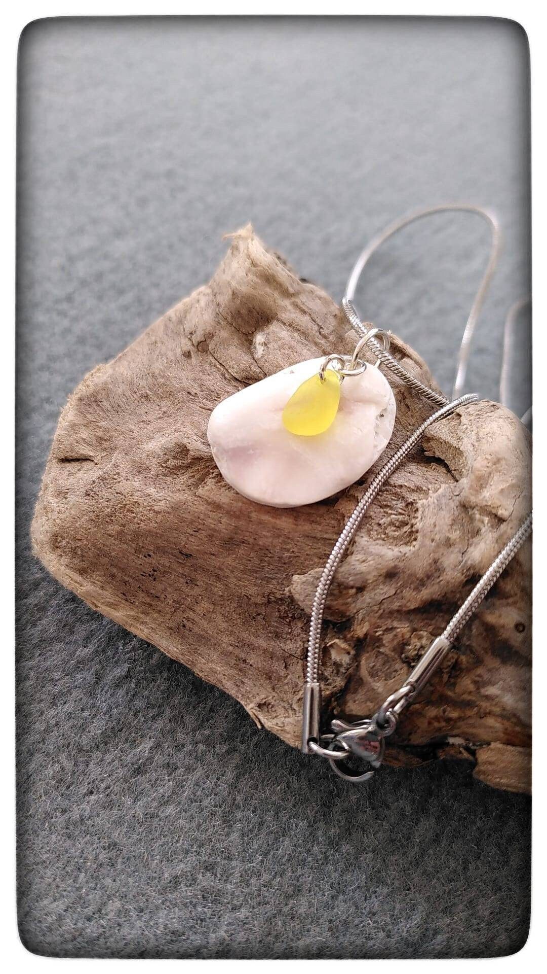 Yellow Sea Glass Necklace, Necklace With Mother of Pearl Pendant ...
