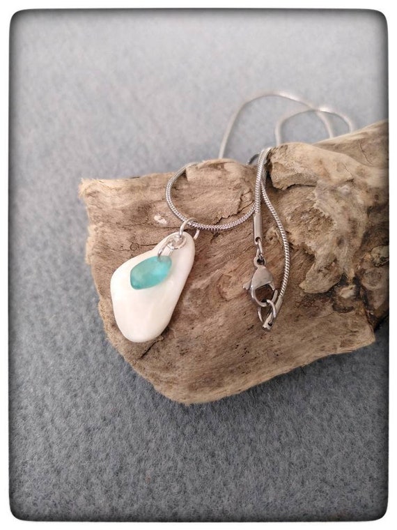 Sea Glass Pendant Aqua Blue With Shell Necklace Silver-plated - Etsy