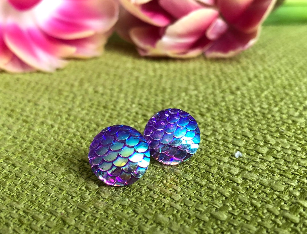 Mermaid Stud Earrings in Shimmering Purple, Stud Earrings With Scales, Shimmering Earrings ...