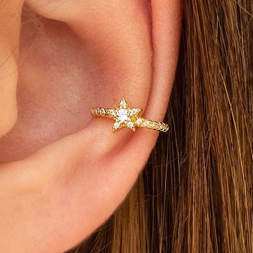 Dainty Star Cut CZ & Moon Shaped Conch Ear Cuff Earrings - Etsy