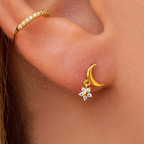 Dainty Moon Shaped Ear Cuff Earrings With CZ Dangling Charms - Etsy