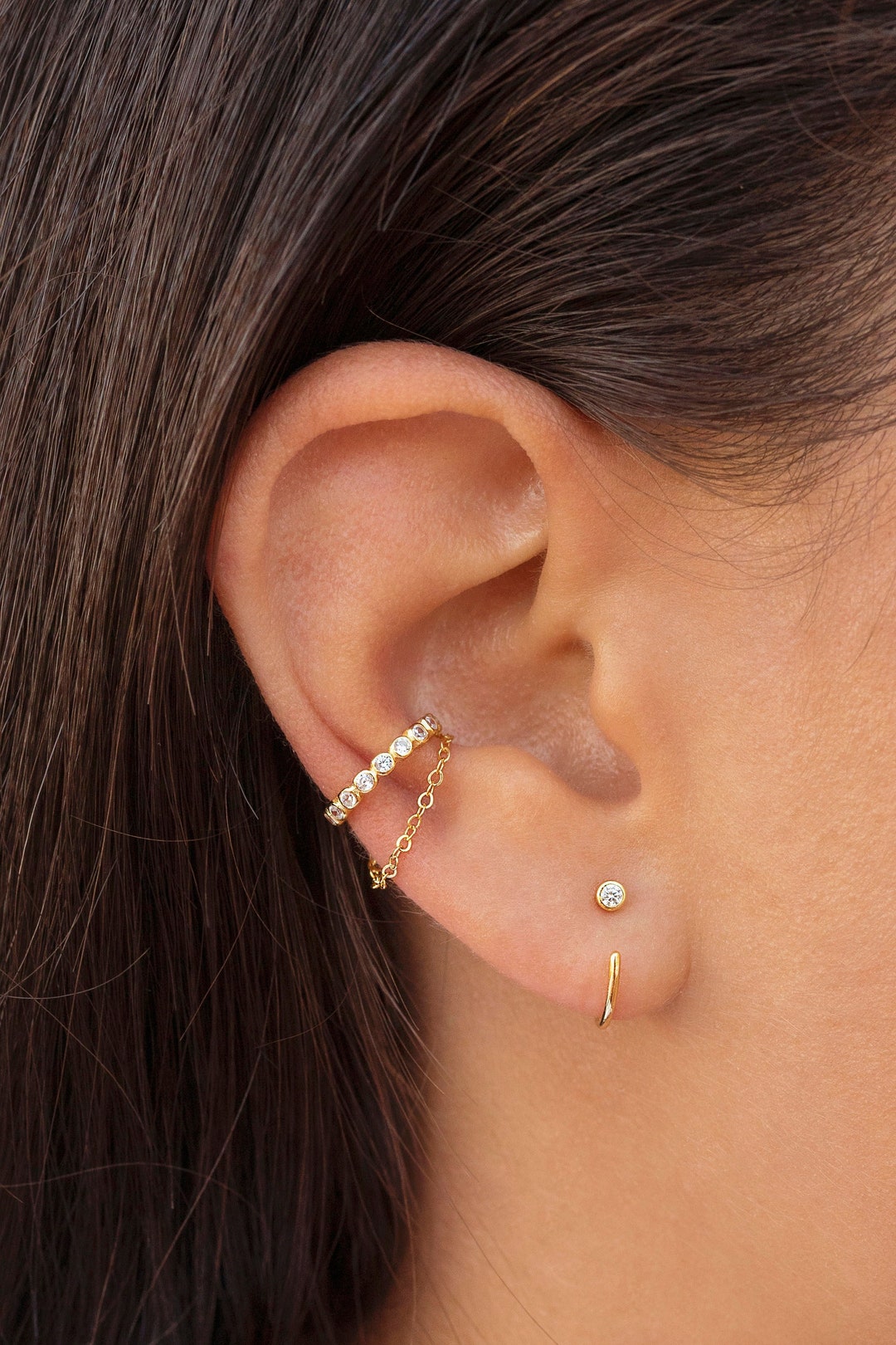 Dainty Bezel CZ Dangling Chain Conch Ear Cuff Earrings - Fake Piercing ...