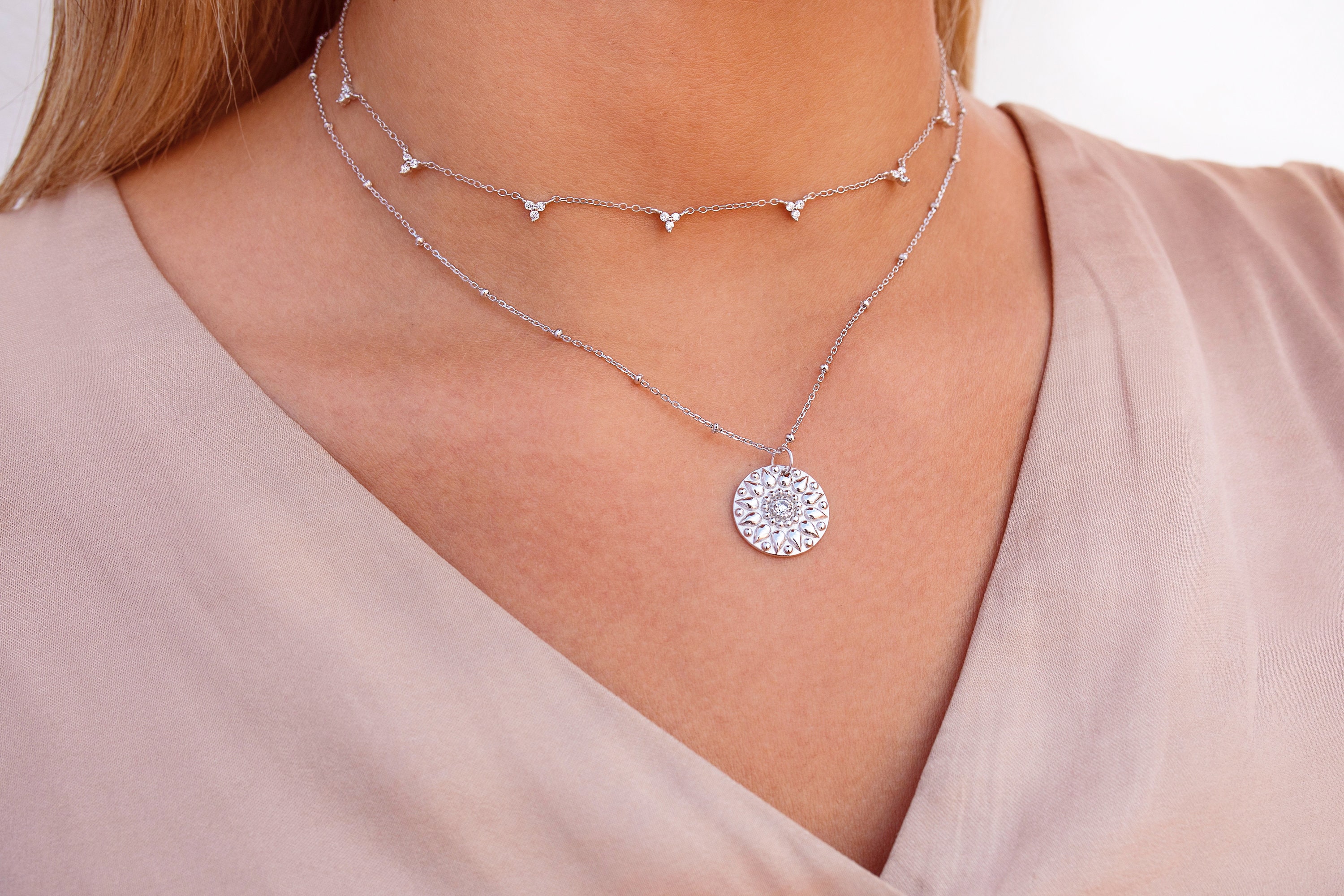 Dainty CZ Beaded Chain Flower Shaped Pendant Necklace - Etsy