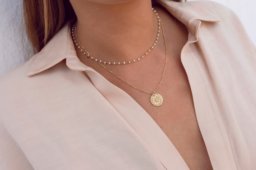 Dainty CZ Beaded Chain Flower Shaped Pendant Necklace - Etsy