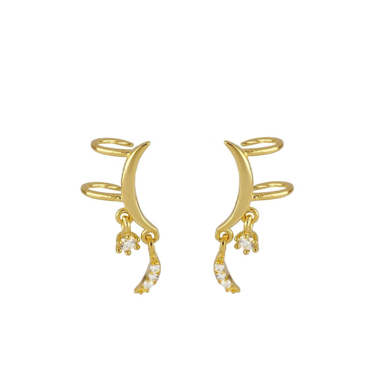 Dainty Moon Shaped Ear Cuff Earrings With CZ Dangling Charms | Etsy