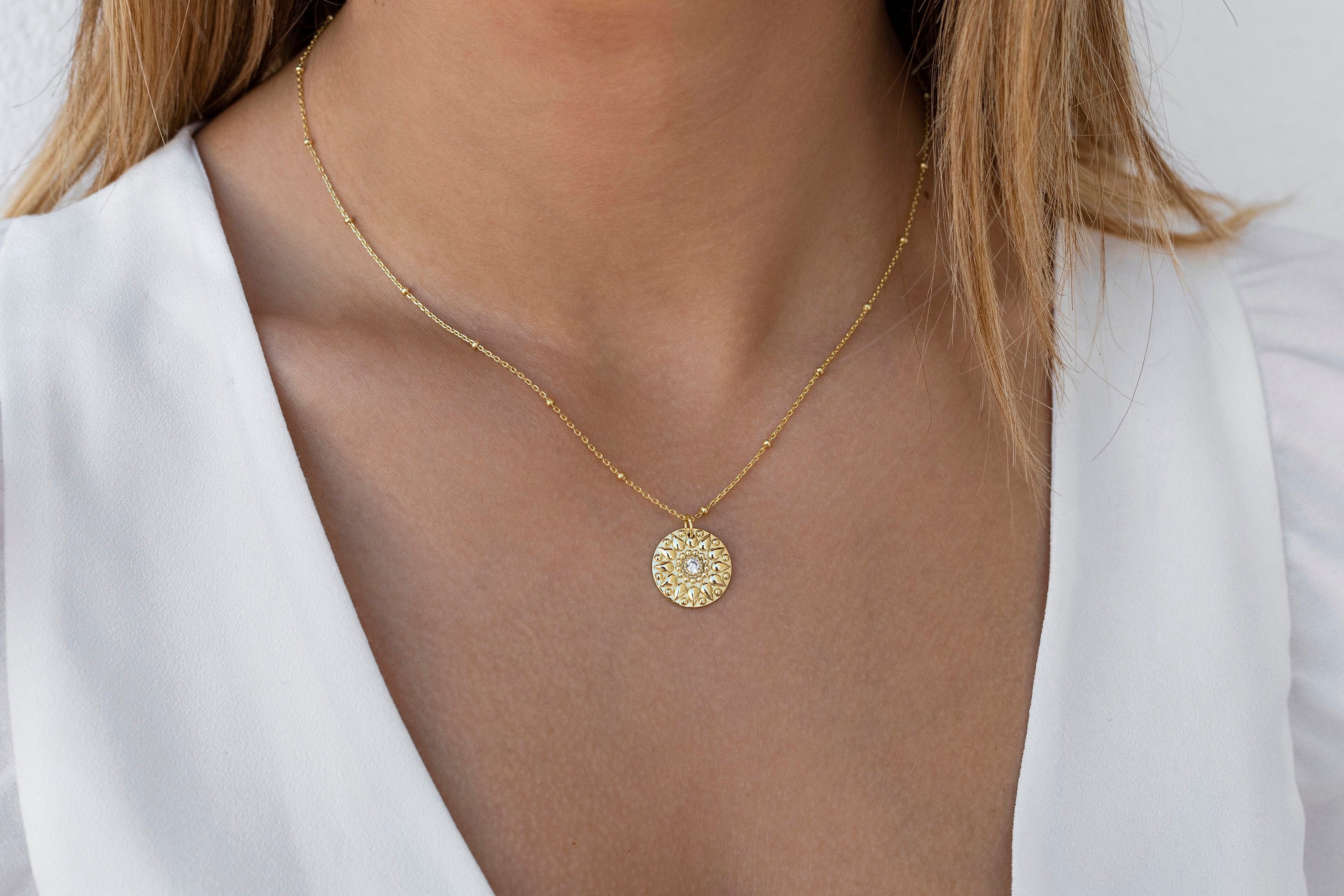 Dainty CZ Beaded Chain Flower Shaped Pendant Necklace - Etsy