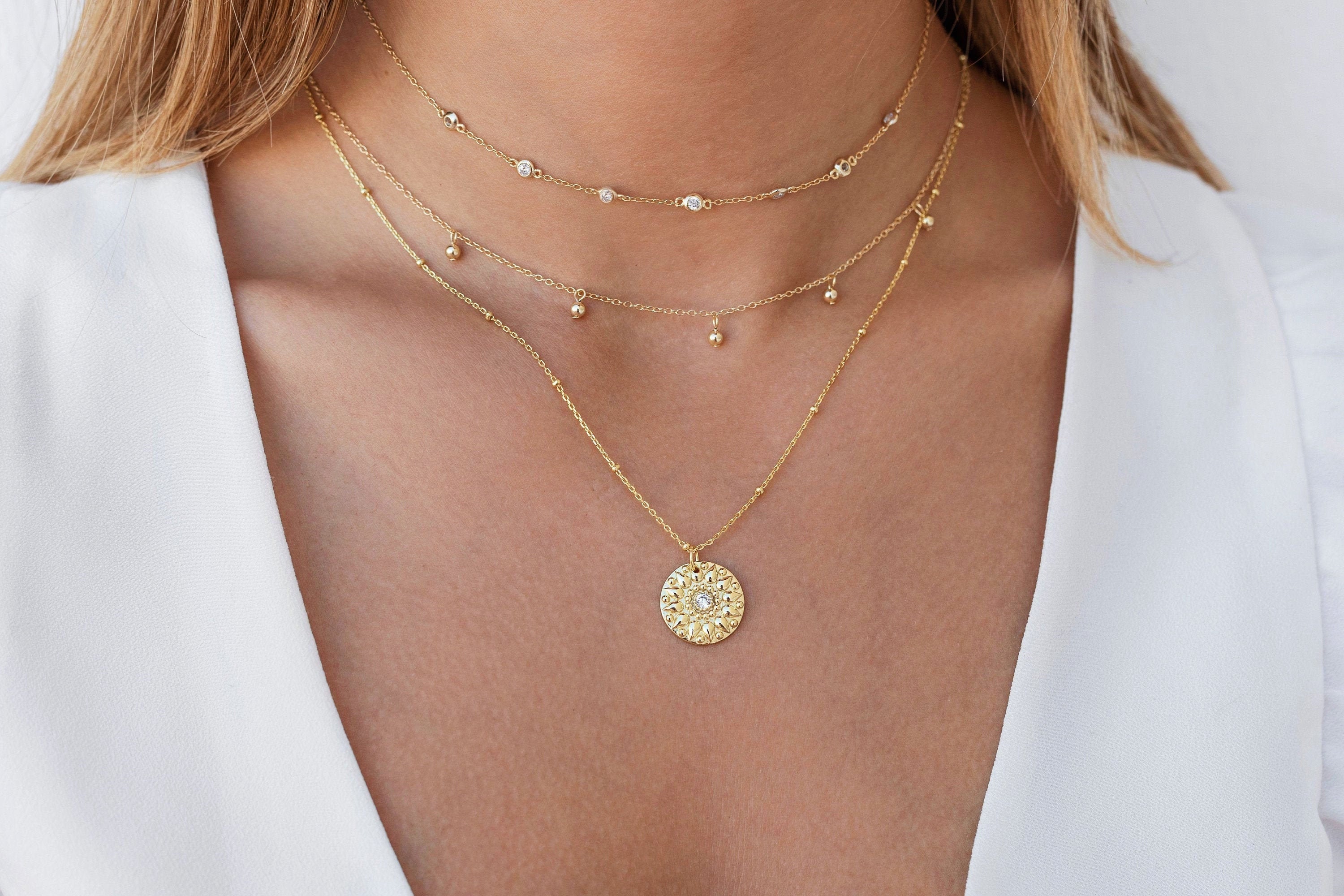 Dainty CZ Beaded Chain Flower Shaped Pendant Necklace - Etsy