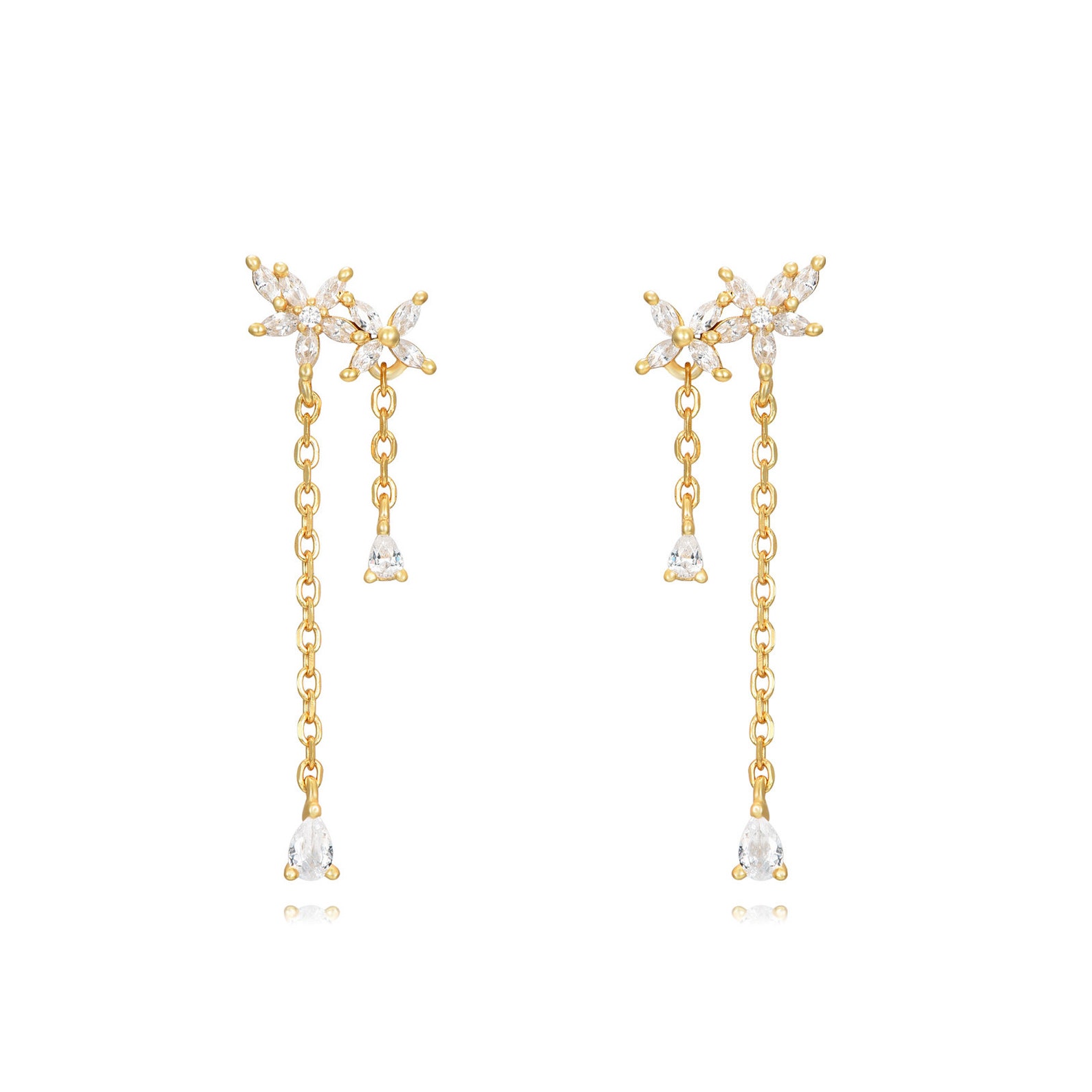 Dainty Marquise CZ Flower Shaped Stud Earrings With Dangling Chains and ...