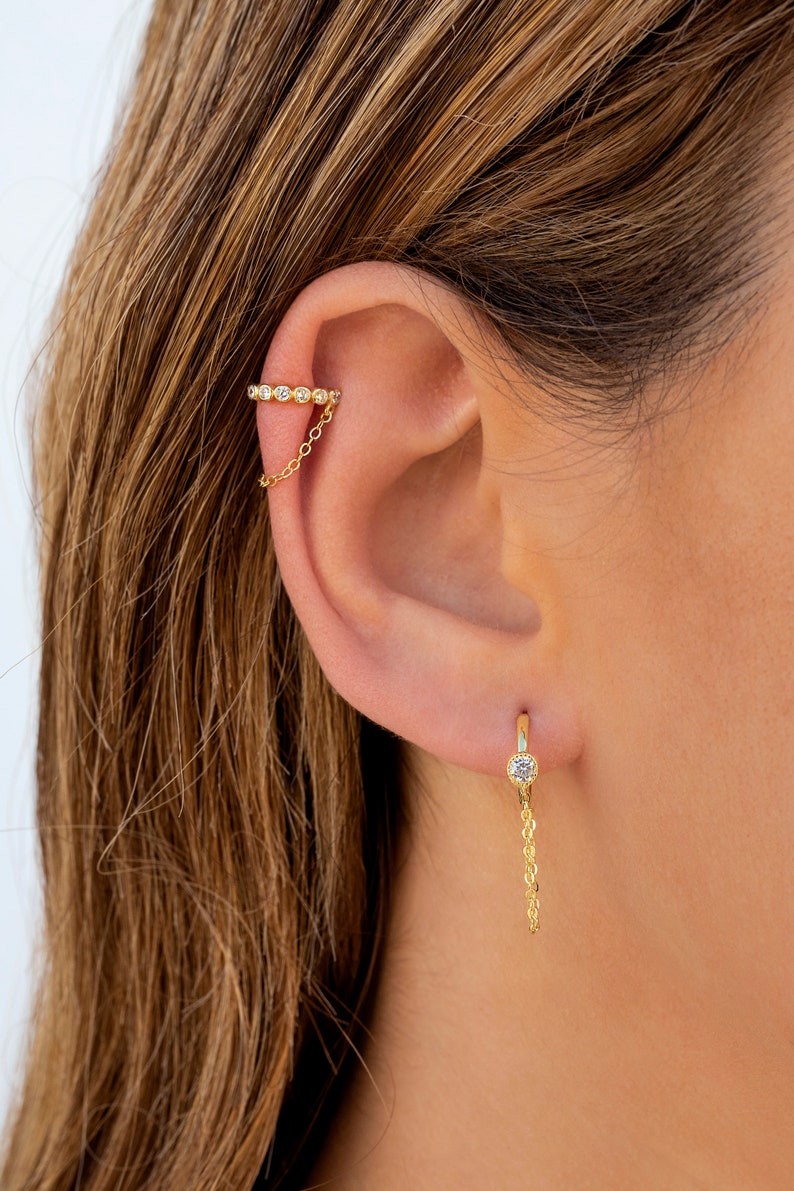 Dainty Bezel CZ Dangling Chain Conch Ear Cuff Earrings - Etsy