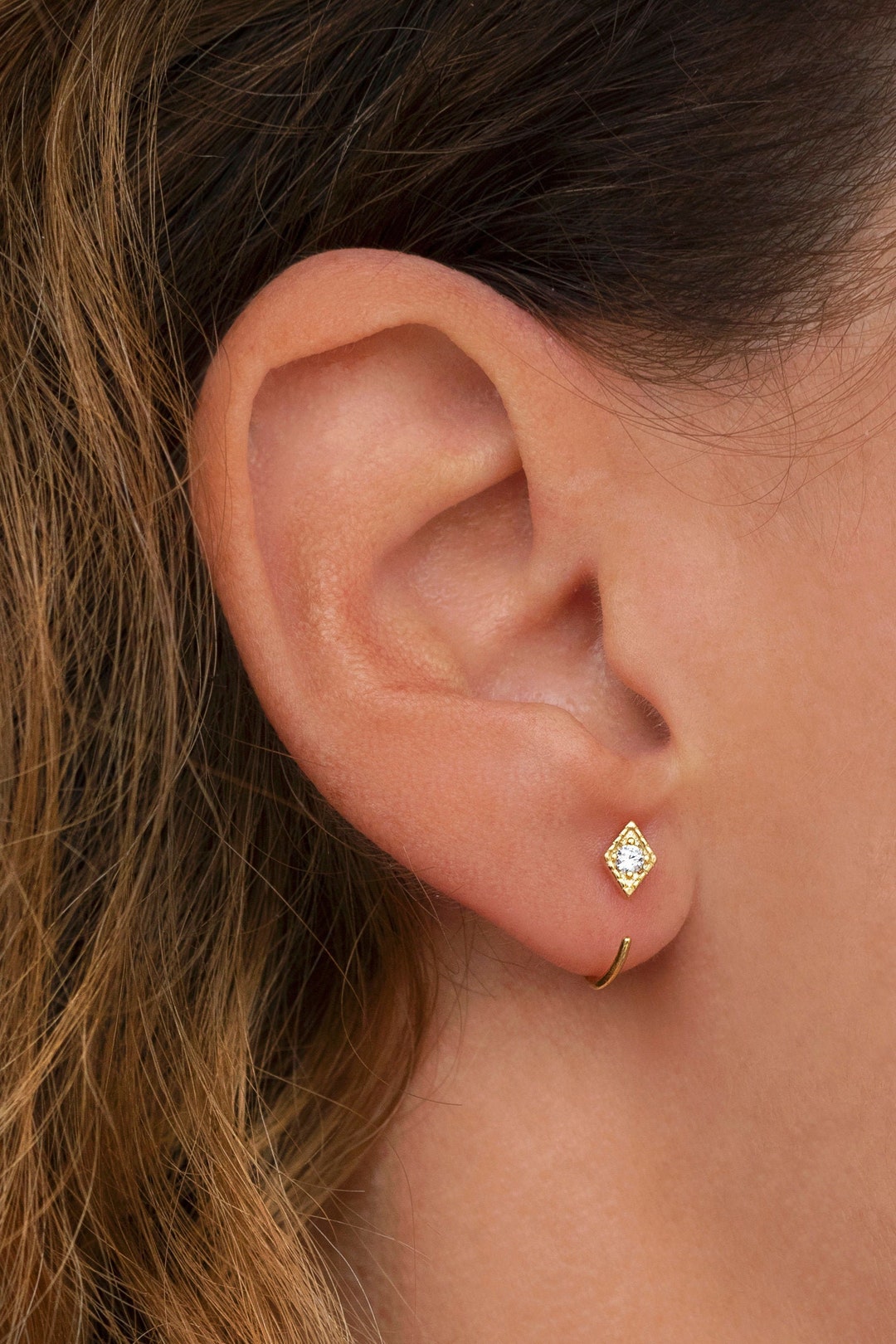 Open CZ Rhombus Huggie Hoop Earrings - Ear Hugger - Etsy