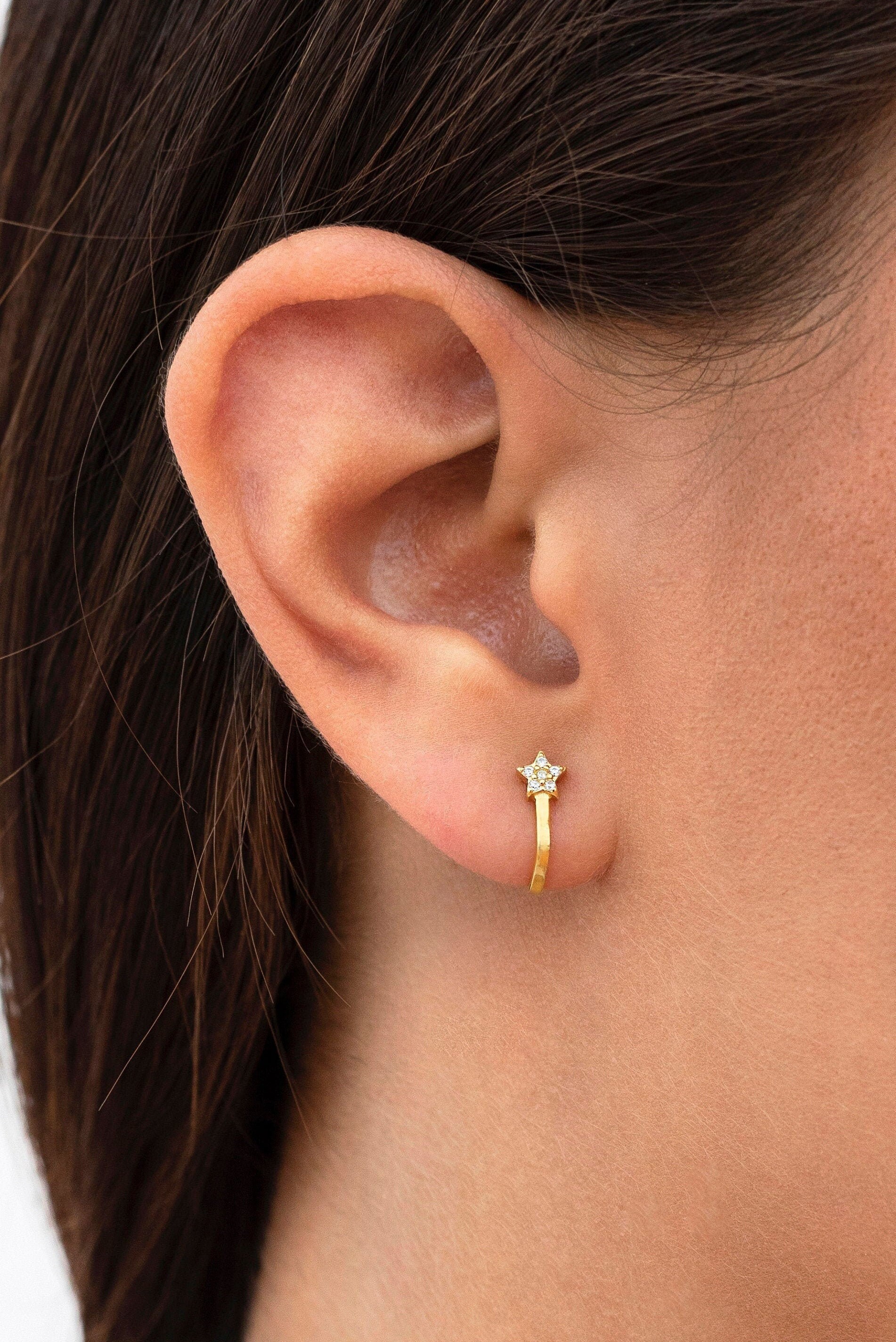 Tiny CZ Star Shaped Ear Lobe Suspender Huggie Hoop Earrings - Etsy UK