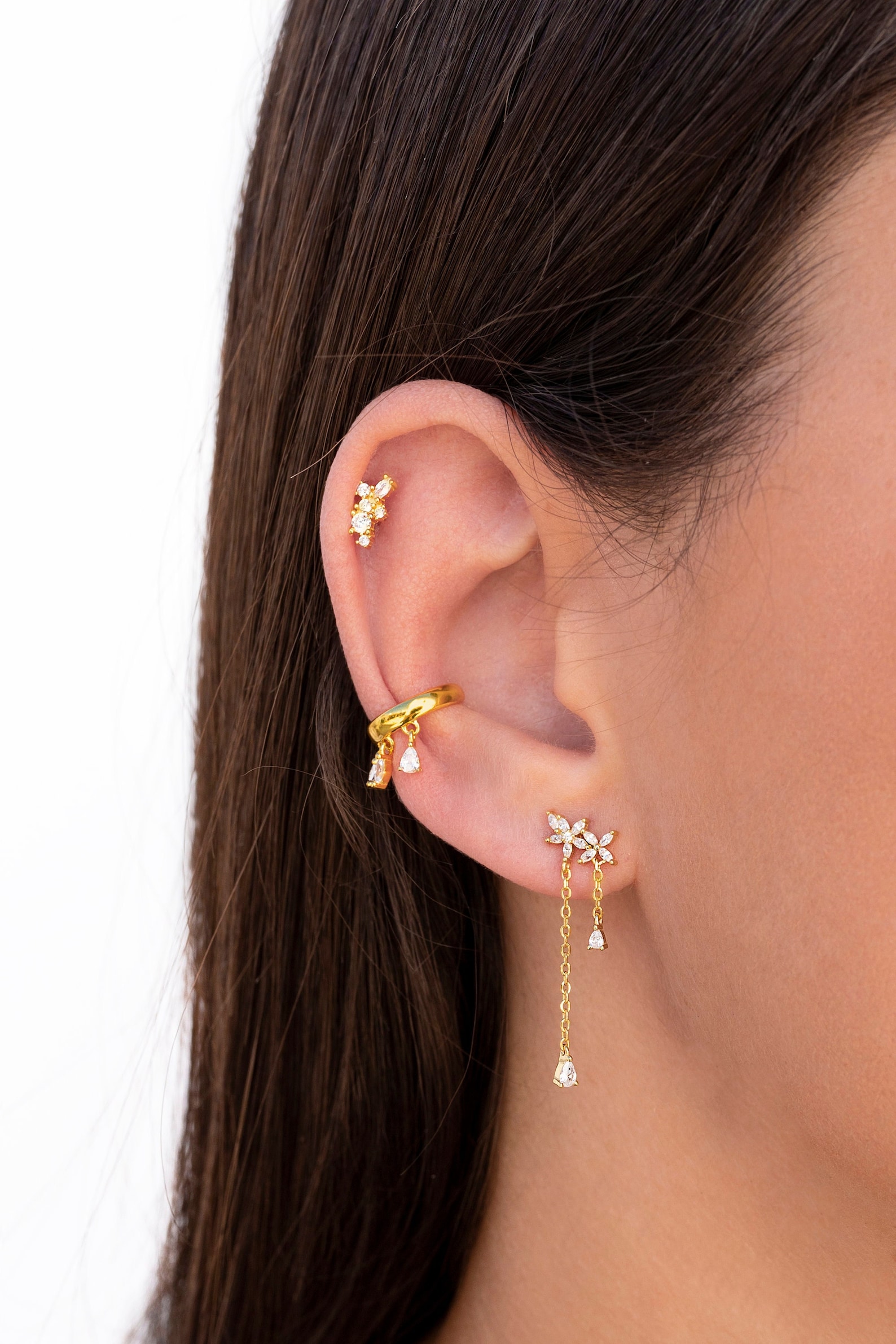 Dainty Marquise CZ Flower Shaped Stud Earrings With Dangling Chains and ...