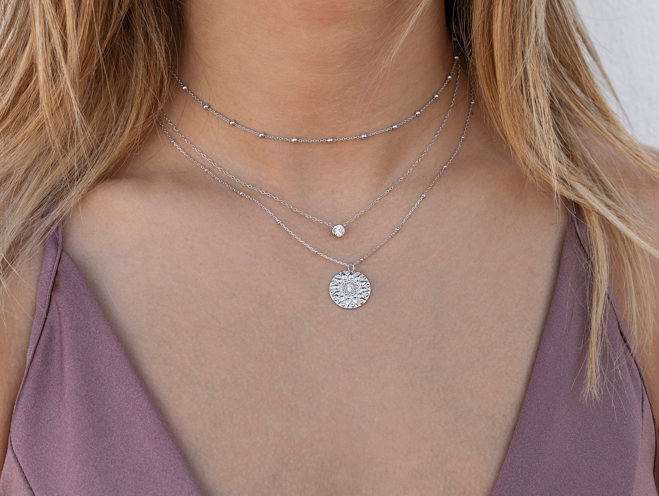 Dainty CZ Beaded Chain Flower Shaped Pendant Necklace - Etsy