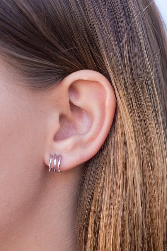 Dainty Triple Band Huggie Hoop Earrings | Etsy