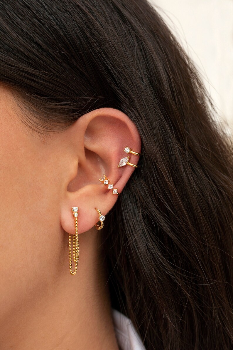 Dainty 3 Prongs Round CZ Dangling Double Ball Chain Stud Earrings - Etsy